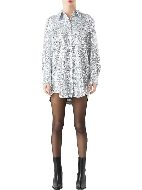 GREY LAB Sequin Mini Shirtdress - Silver