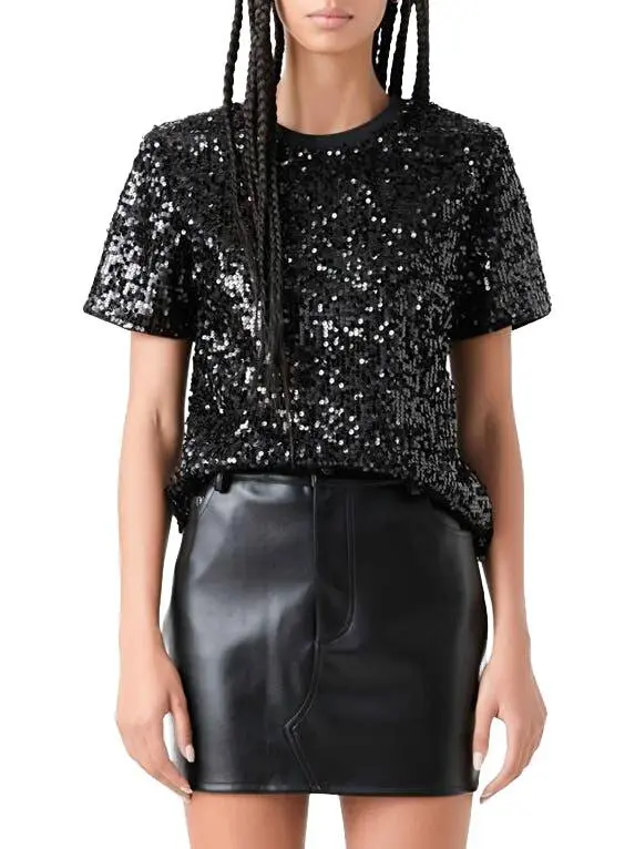 GREY LAB Shoulder Pad Sequin Top - Black