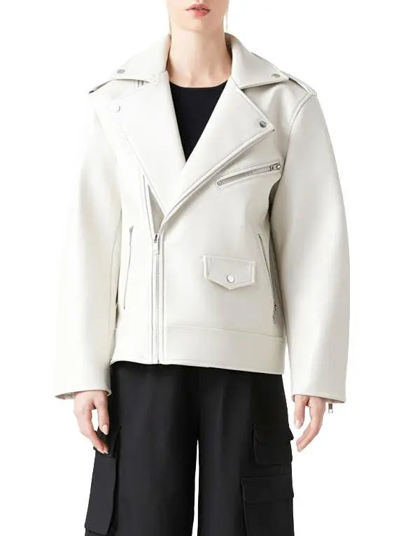 GREY LAB Padded Shoulder Faux Leather Biker Jacket - Beige