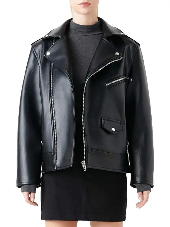 GREY LAB Padded Shoulder Faux Leather Biker Jacket - Black