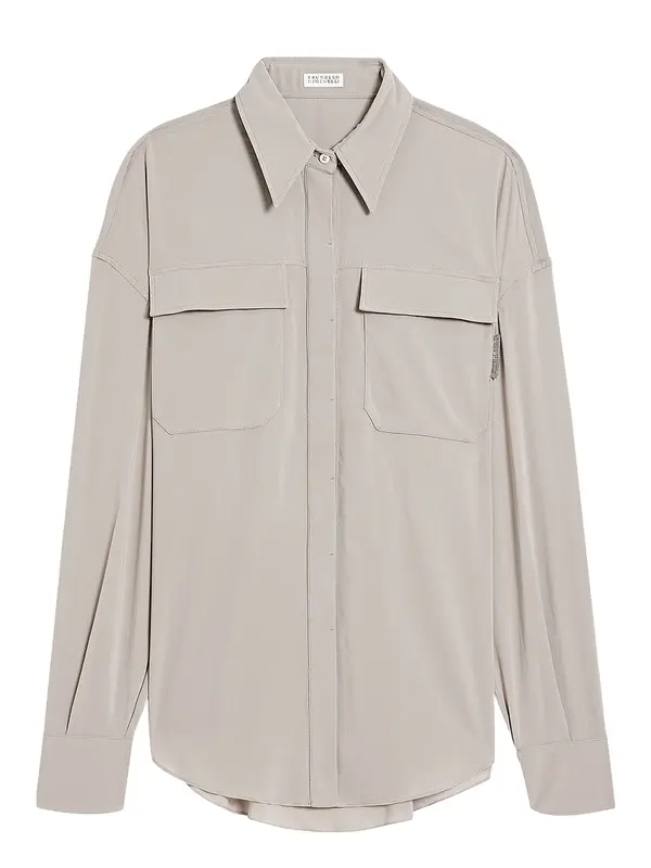 Brunello Cucinelli Bead-embellished Silk Crepe De Chine Shirt - Mushroom