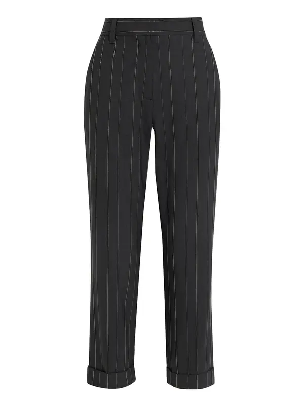 Brunello Cucinelli Striped Wool-blend Straight-leg Pants With Bead Embellishment - Black