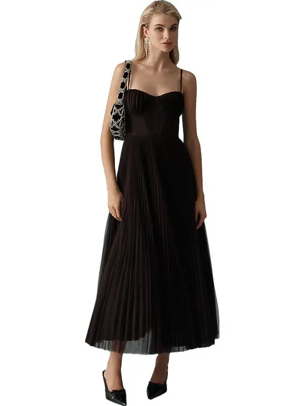 HUTCH Amara Corset Pleated Tulle Midi Dress - Chocolate