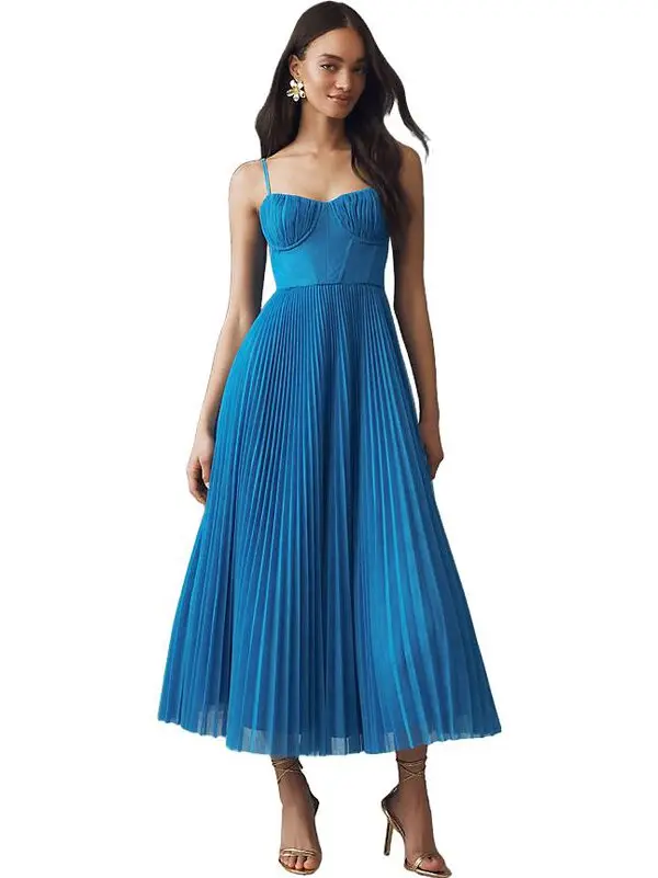 HUTCH Amara Corset Pleated Tulle Midi Dress - New Blue