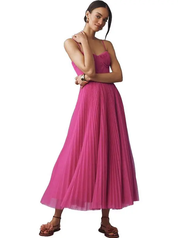 HUTCH Amara Corset Pleated Tulle Midi Dress - Pink