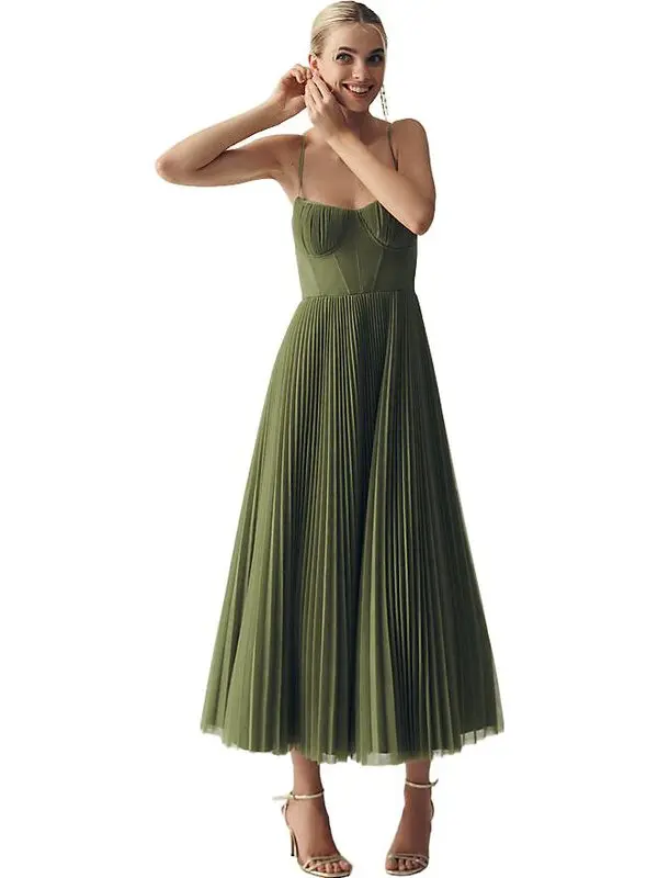 HUTCH Amara Corset Pleated Tulle Midi Dress - Sage Green