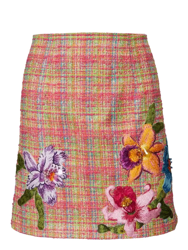 Carolina Herrera Floral-embroidered Tweed Miniskirt - Pink