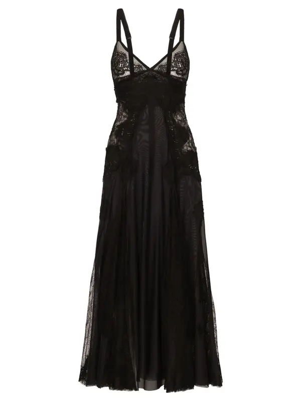 Dolce & Gabbana Lace Insert Flared Midi Dress - Black