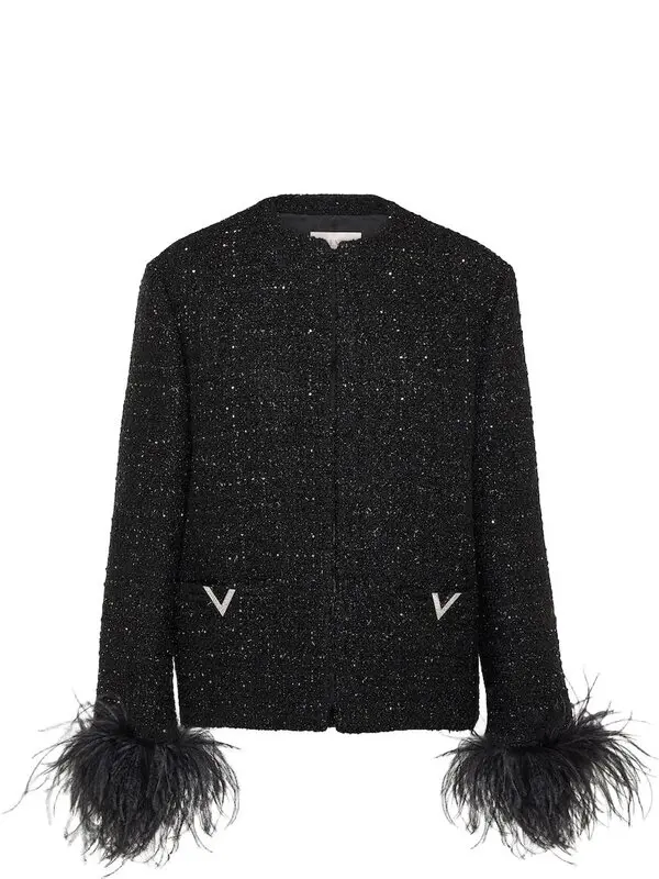 Valentino Garavani Feather-trimmed Tweed Jacket - Black