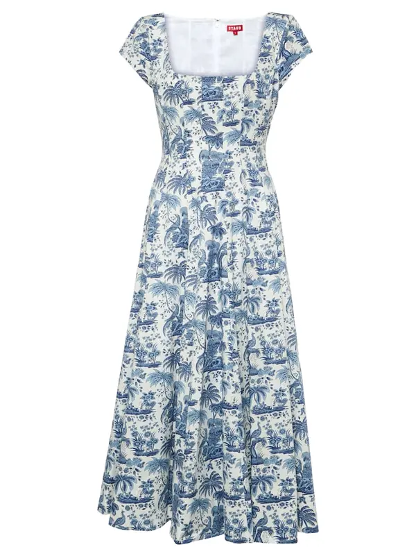 Staud Wells Floral Cotton Midi Dress - Blue