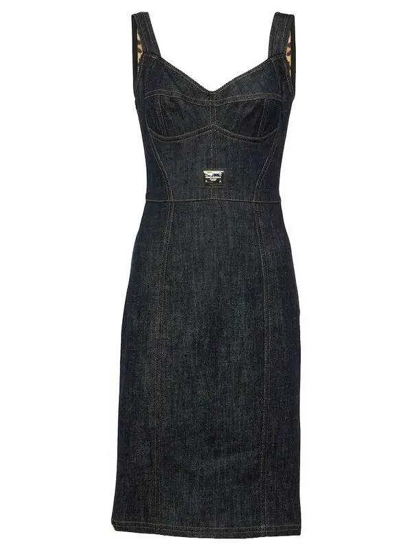 Dolce & Gabbana Logo Embroidered Denim Midi Dress - Blue