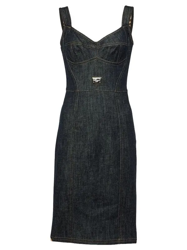 Dolce & Gabbana Logo Embroidered Denim Midi Dress - Blue