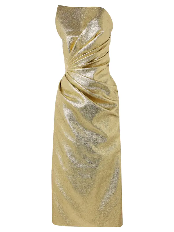 Safiyaa Daxton Strapless Gathered Metallic Lamé Midi Dress - Gold