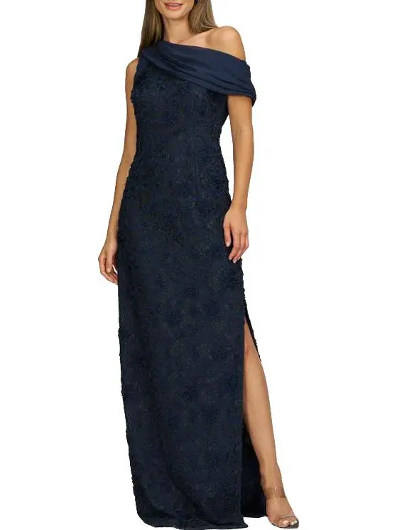 Js Collections Elodie Floral One-shoulder Gown - Deep Navy