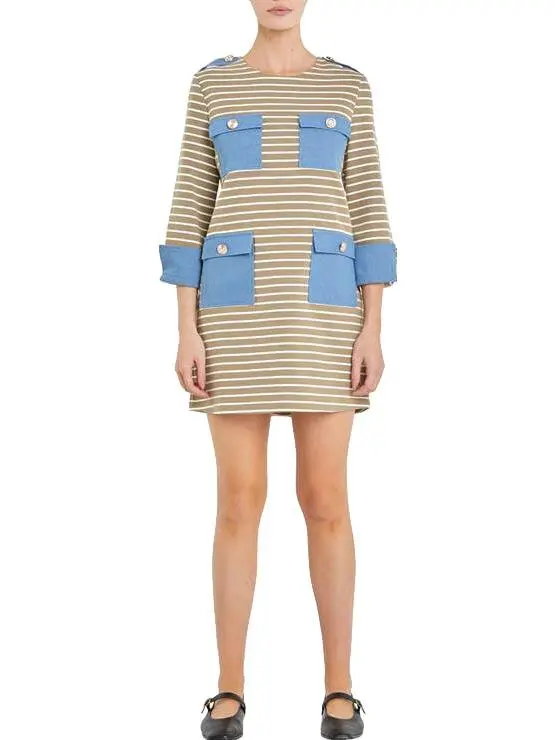 English Factory Stripe Pocket Minidress - Taupe Multi