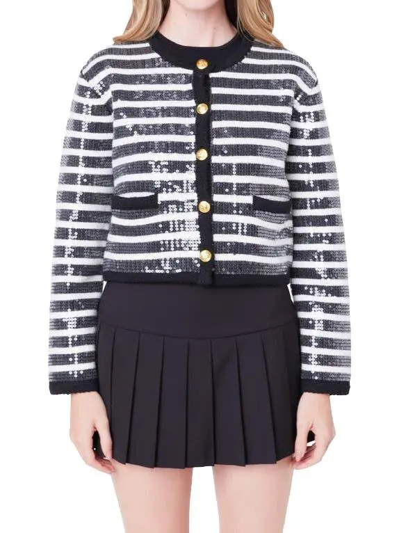 English Factory Sequin Stripe Cardigan - Black/ Ivory