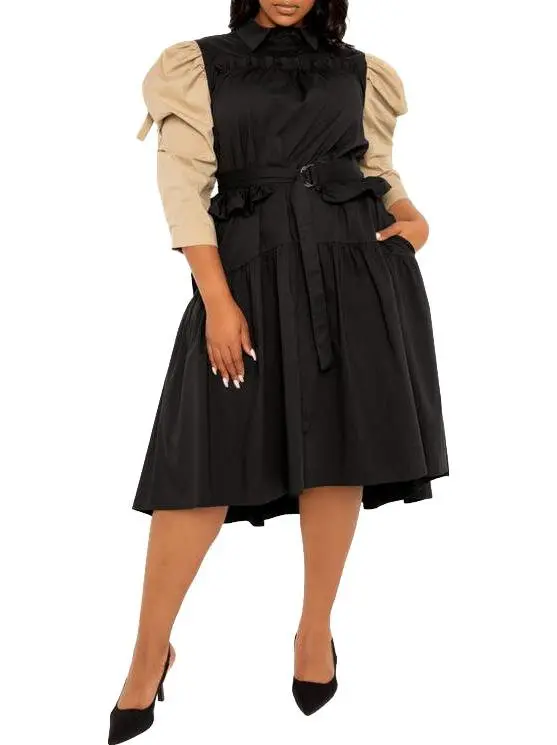 BUXOM COUTURE Contrast Puff Sleeve Poplin Dress - Black