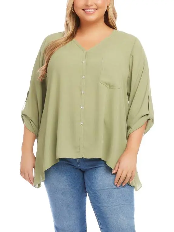 Karen Kane Asymmetric Hem Button-up Top - Moss