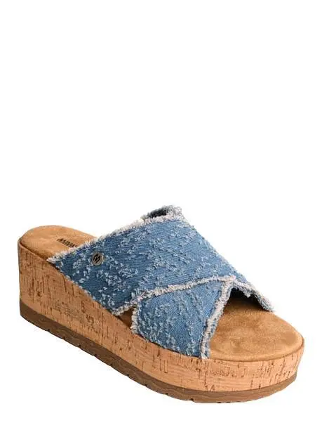 Minnetonka Posey Platform Wedge Slide Sandal - Blue Distressed Denim