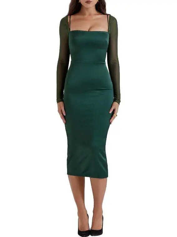 House Of Cb Ellica Long Sleeve Sheath Cocktail Dress - Emerald Green