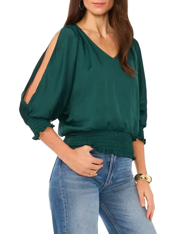 Vince Camuto Smocked Cold Shoulder Satin Top - Arresting Emerald