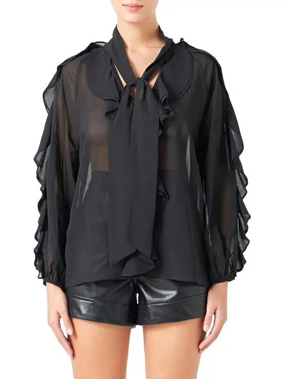 Endless Rose Sheer Ruffle Tie Shirt - Black