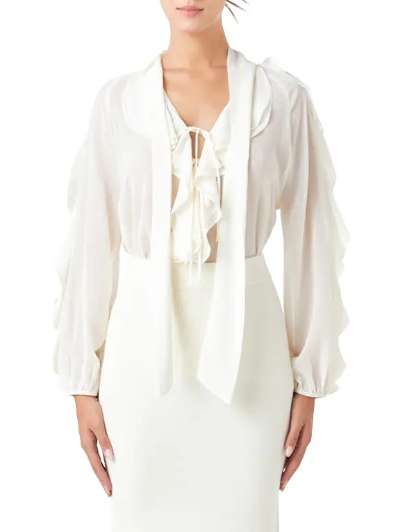 Endless Rose Sheer Ruffle Tie Shirt - Cream