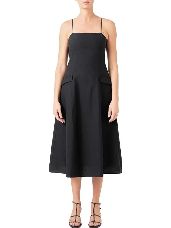 Endless Rose Cotton & Linen Blend Midi Dress - Black