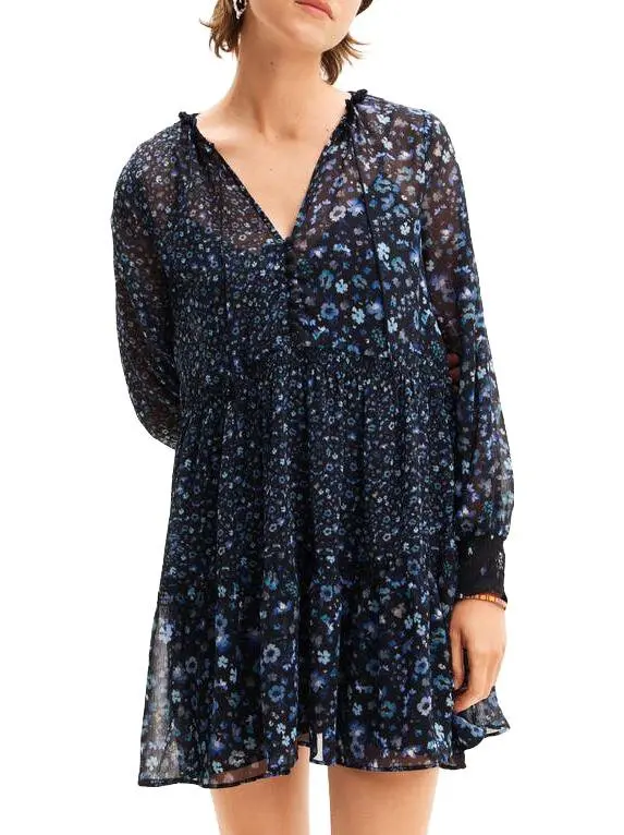 Desigual Short Floral Chiffon Dress - Blue