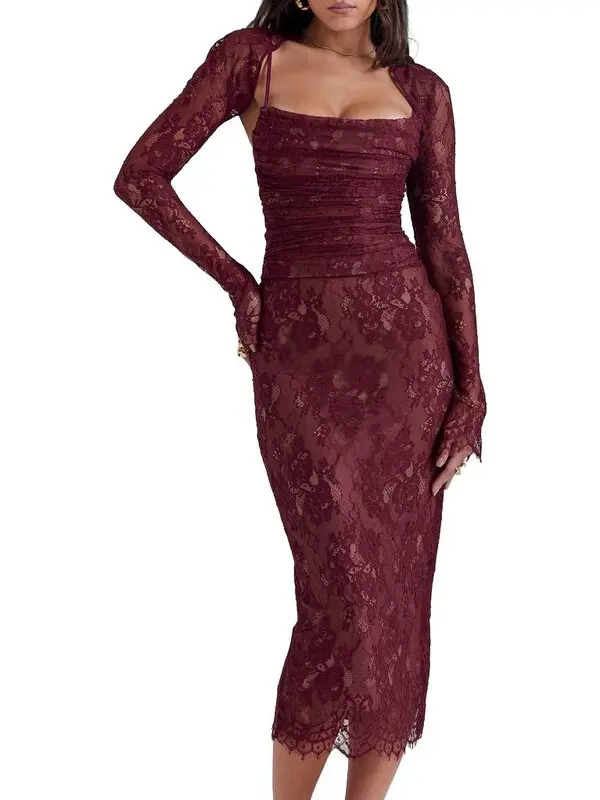 House Of Cb Long Sleeve Lace Body-con Dress - Mulberry