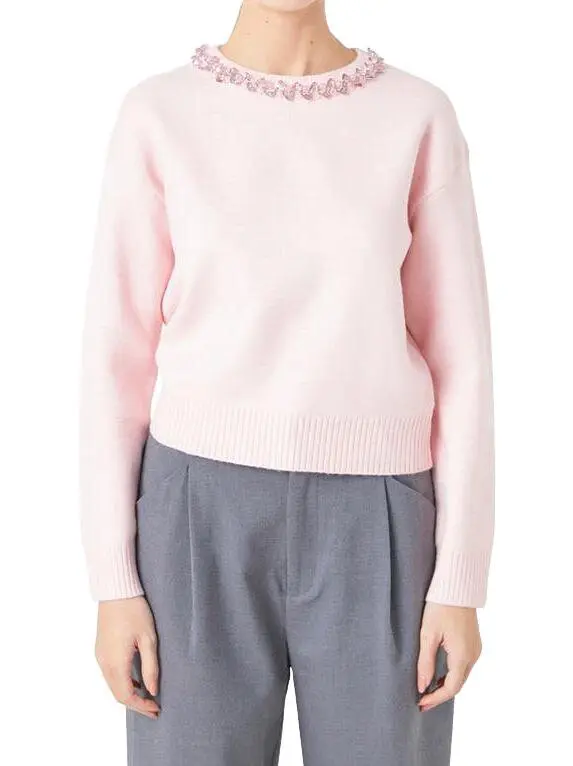 Endless Rose Embellished Crewneck Sweater - Light Pink