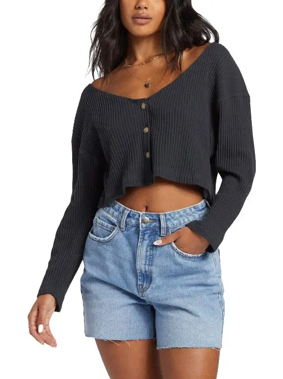 BILLABONG Ribbed Long Sleeve Crop Top - Black Sands