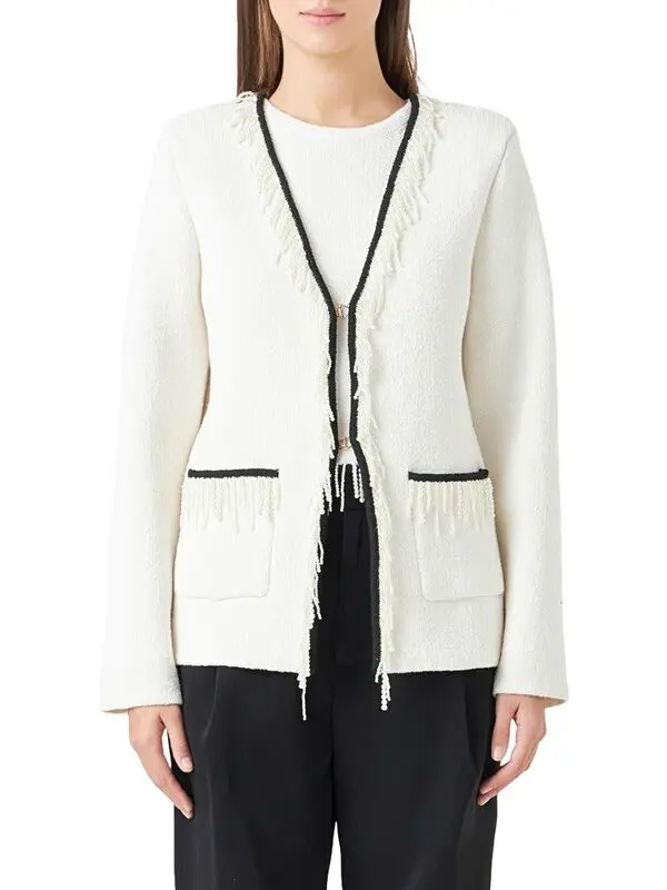 Endless Rose Imitation Pearl Trim Cardigan - Cream