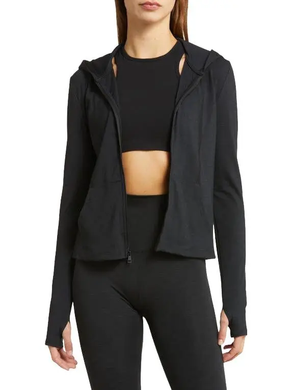 Beyond Yoga Heather Rib Zip-up Hooded Jacket - Black Heather