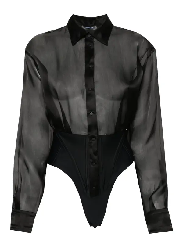 MUGLER Semi-sheer Silk Bodysuit - Black