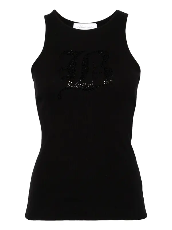 Blumarine Rhinestoned Ribbed-knit Tank Top - Black