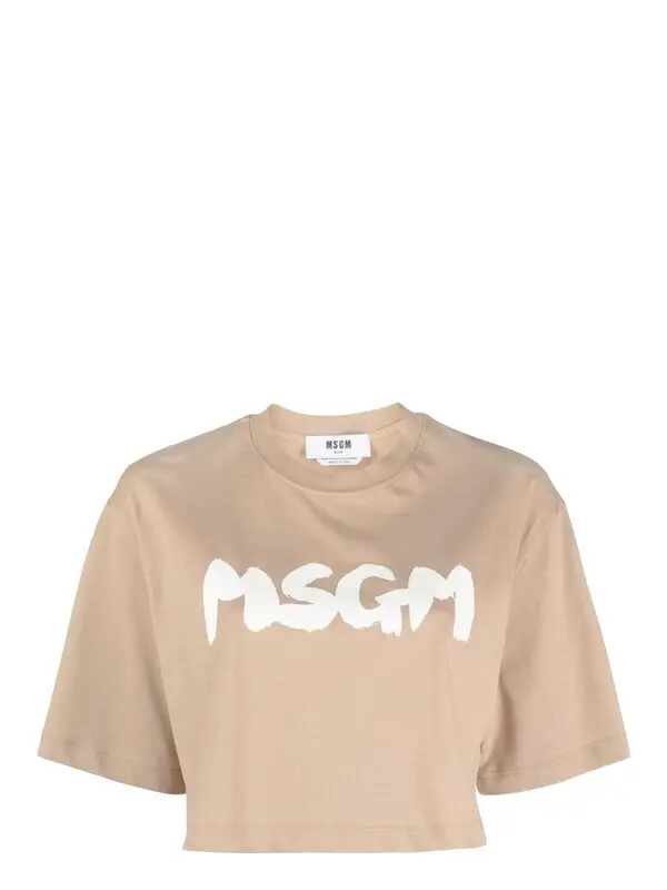 MSGM Cropped Logo-print Cotton T-shirt - Brown