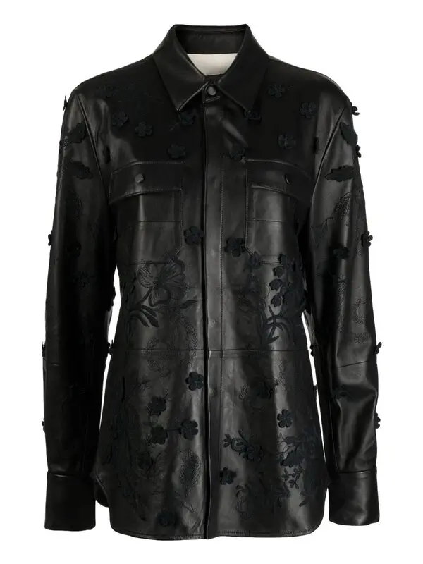Elie Saab Floral-embroidered Leather Shirt Jacket - Black