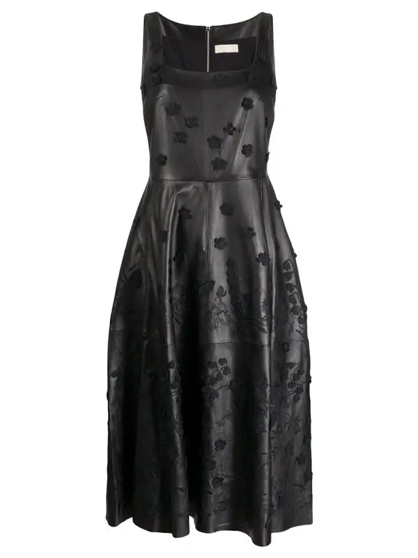Elie Saab Floral-appliqué Leather Midi Dress - Black