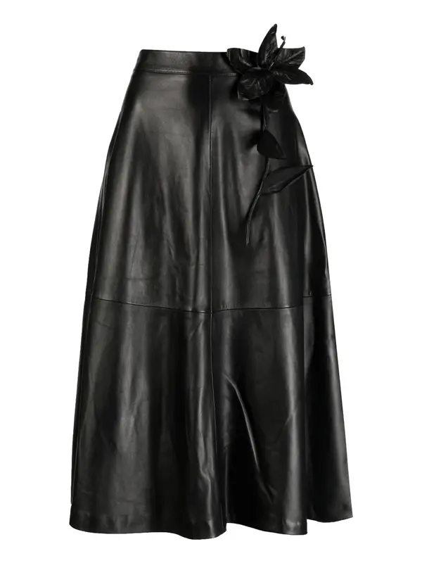 Elie Saab Floral-embroidered Leather Midi Skirt - Black