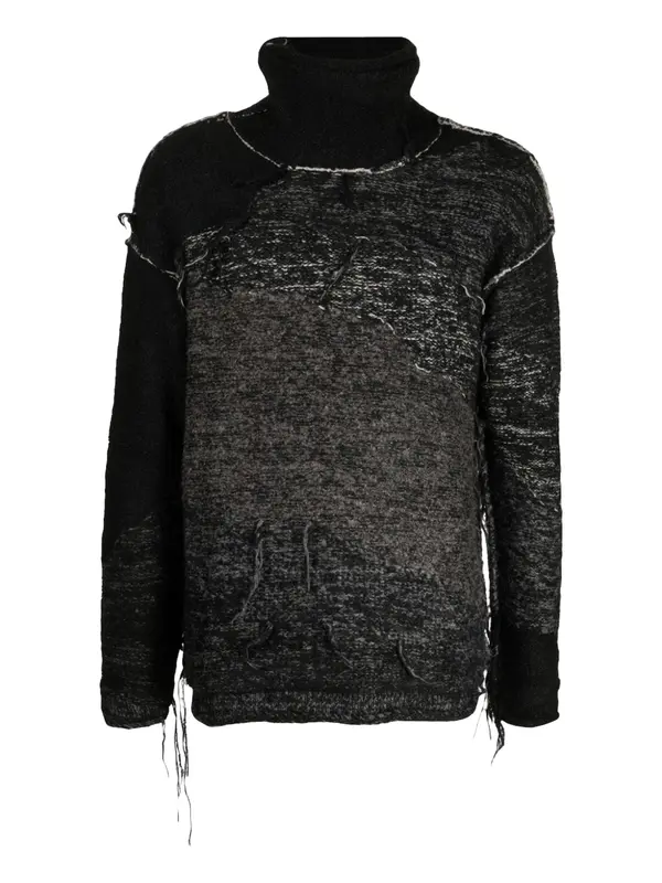 THE VIRIDI-ANNE High-neck Distressed Cardigan - Black