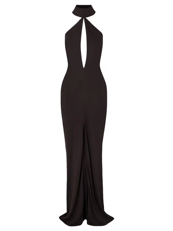 TOM FORD Cutout Gathered Jersey Halterneck Gown - Brown