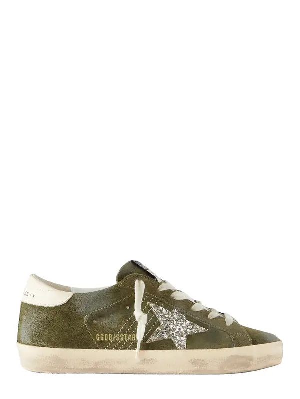 GOLDEN GOOSE Super-star Leather-trimmed Glittered Distressed Suede Sneakers - Green