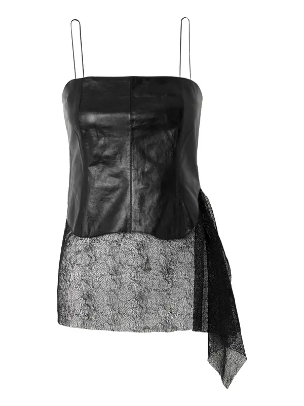 Helmut Lang Lace-trimmed Asymmetric Leather Top - Black