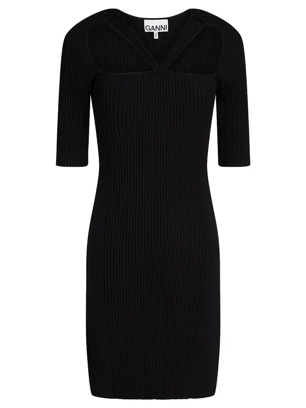 GANNI Cutout Ribbed-knit Mini Dress - Black