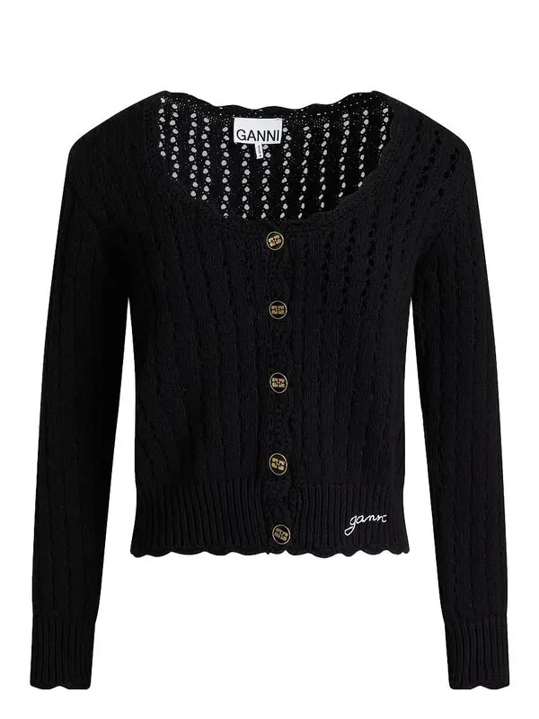 GANNI Crochet Knit Cotton Cardigan - Black