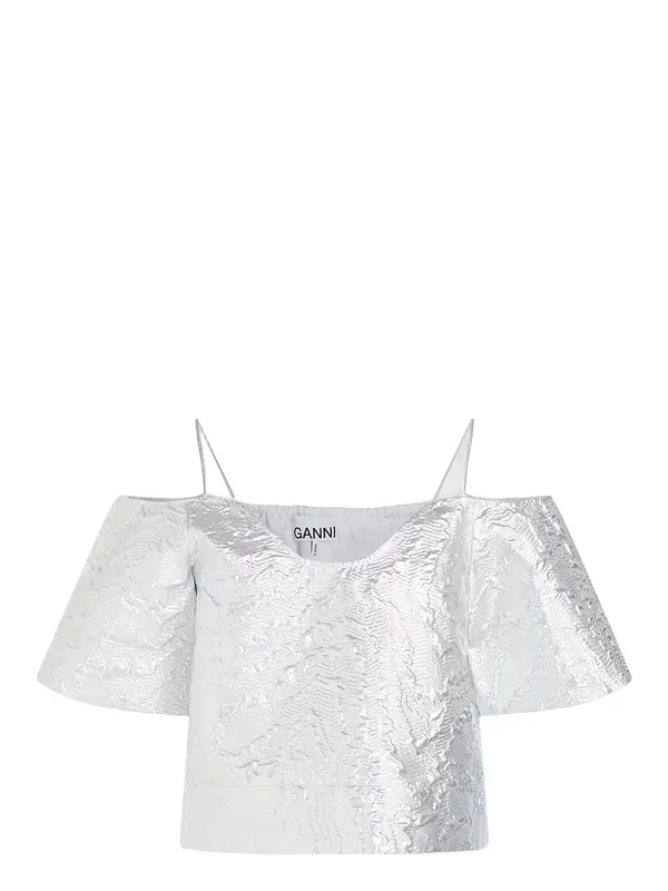 GANNI Cold-shoulder Metallic Cloqué Top - Silver