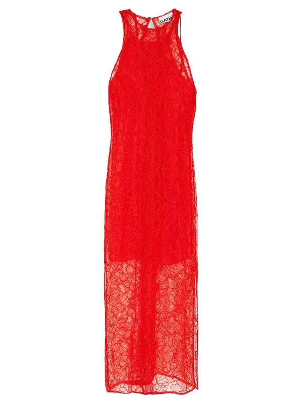 GANNI Corded Lace Midi Dress - Red
