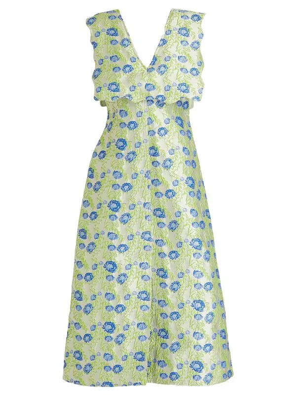 GANNI Scalloped Floral-jacquard Midi Dress - Light Green