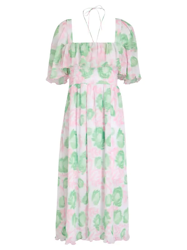 GANNI Shirred Printed Georgette Midi Dress - Baby Pink